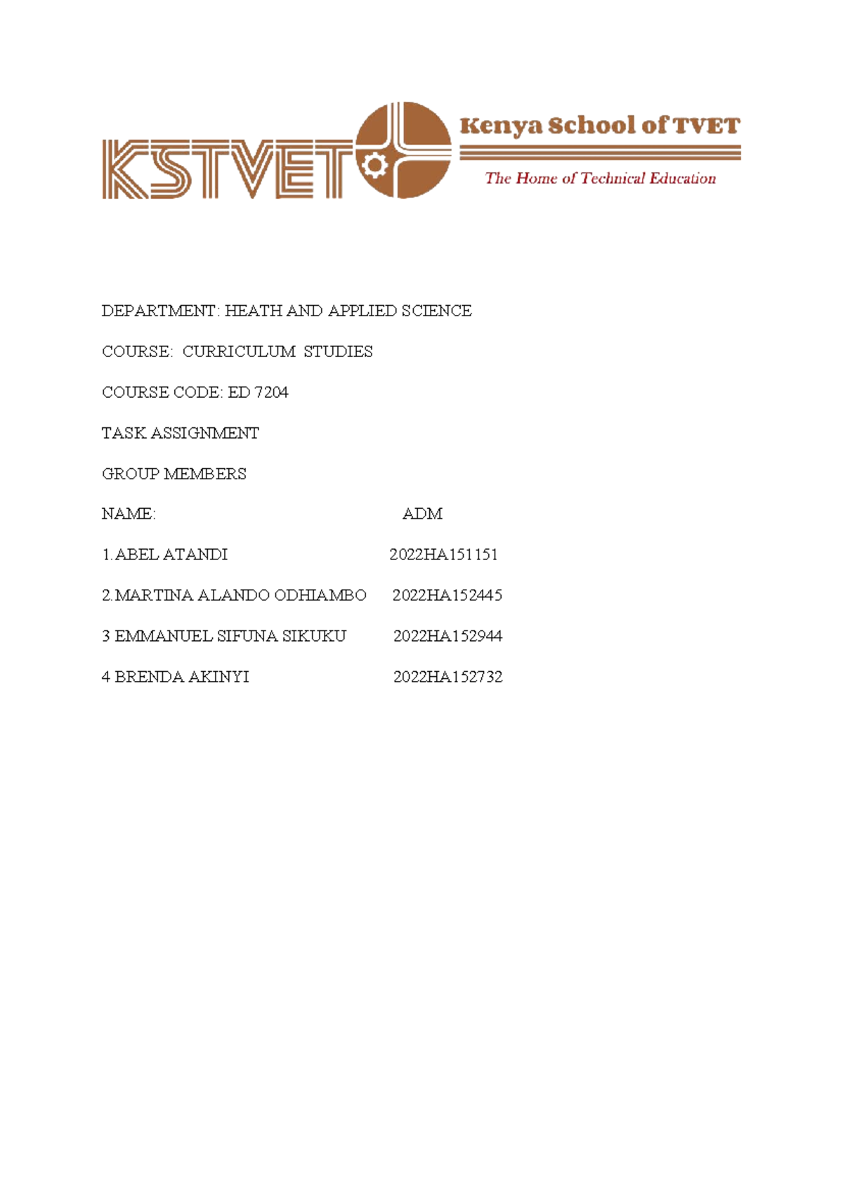2022 Hasph KICD Model AND Cdacc - DEPARTMENT: HEATH AND APPLIED SCIENCE ...