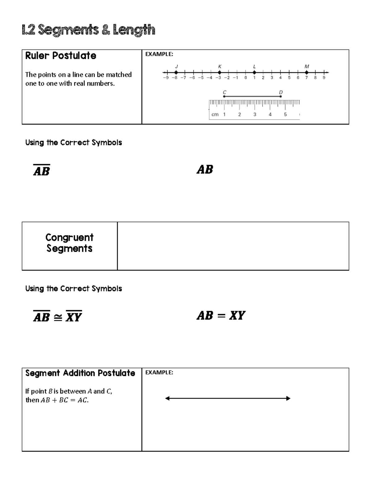 1.2 Segments & Length Notes - 1 Segments & Length Ruler The points on a ...