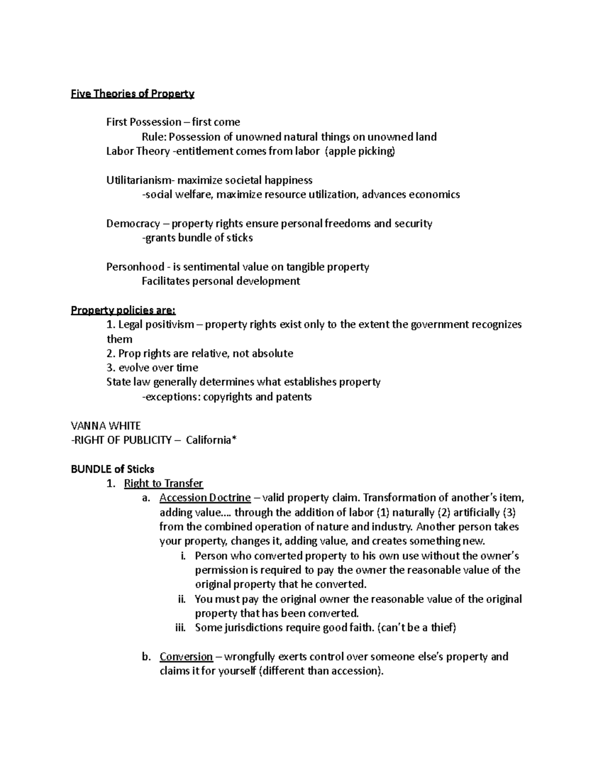 Prop Outline - Five Theories of Property First Possession – first come ...