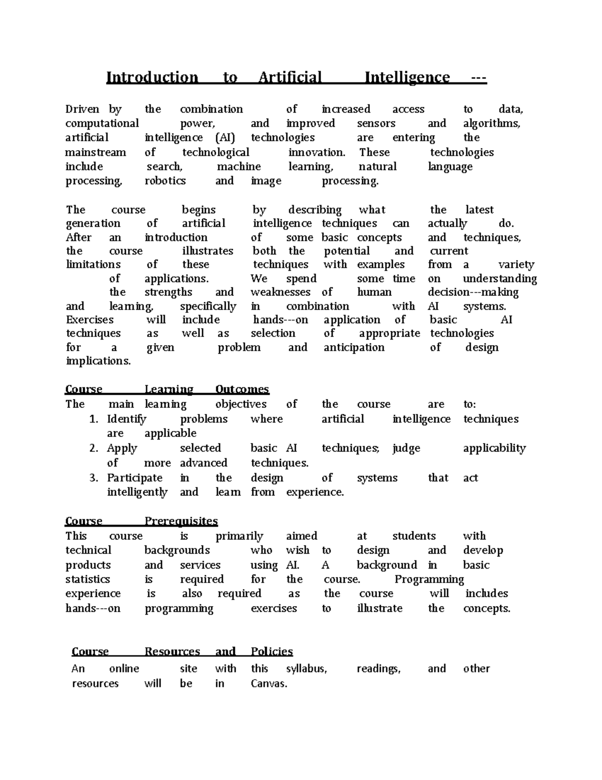 Introduction to Artificial Intelligence Course Outline - Introduction ...