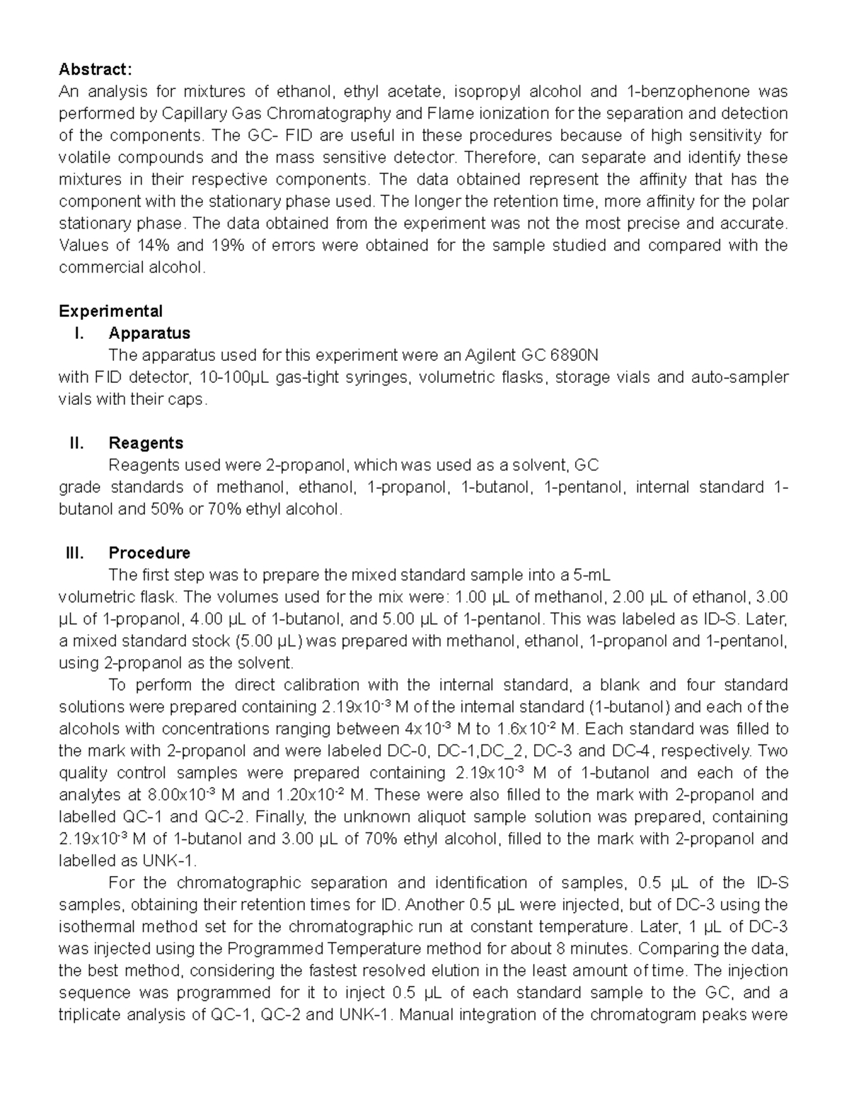 Short Report GC-FID - Informe de Laboratorio para Experimento GC-FID de ...
