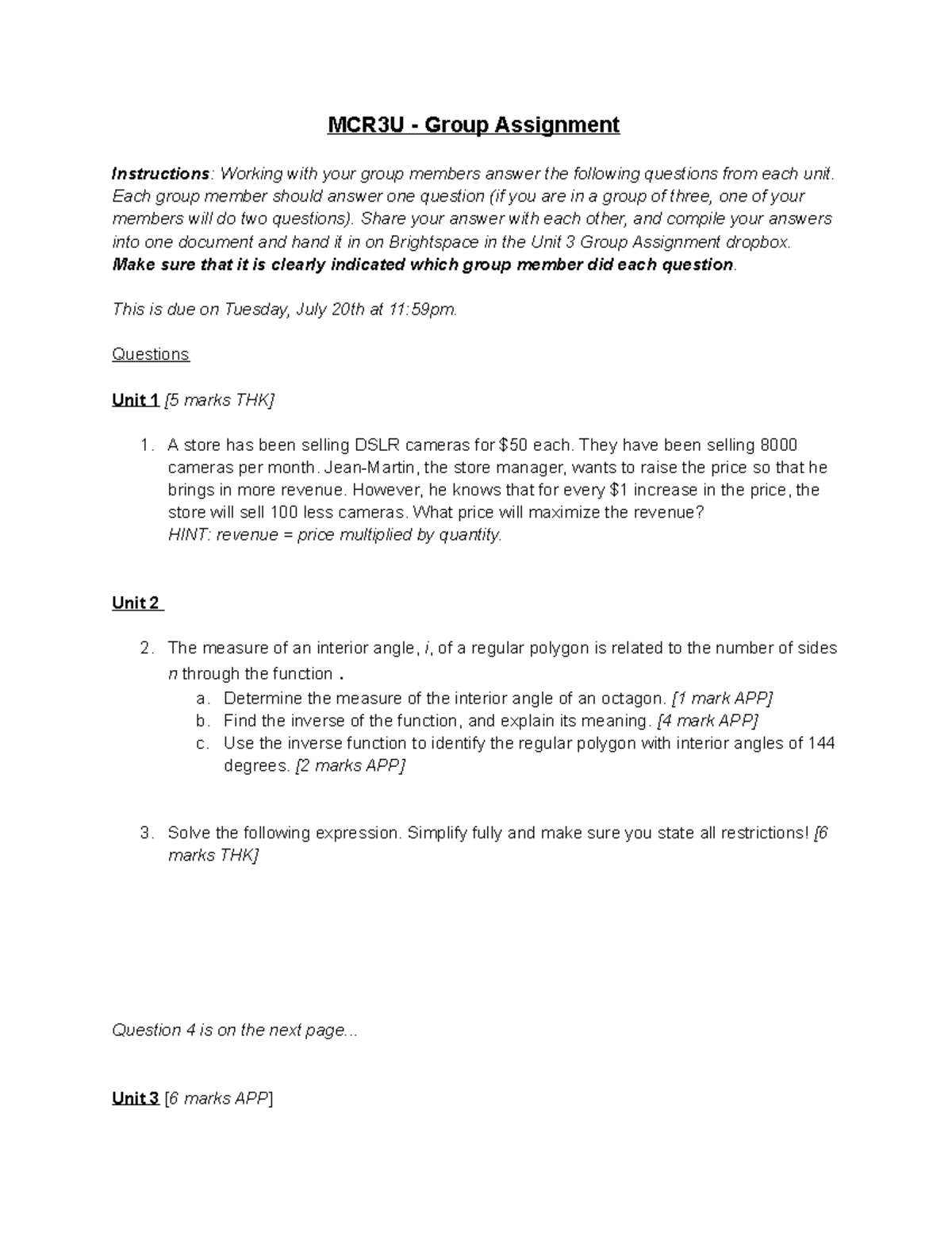MCR3U - Group Assignment #1 - MCR3U - Group Assignment Instructions ...