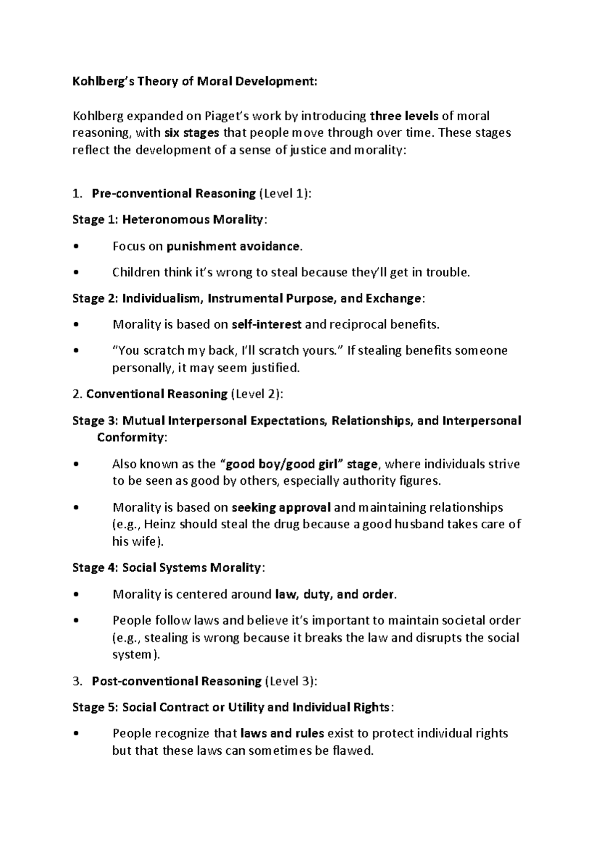 Document - summary notes - Kohlberg’s Theory of Moral Development ...