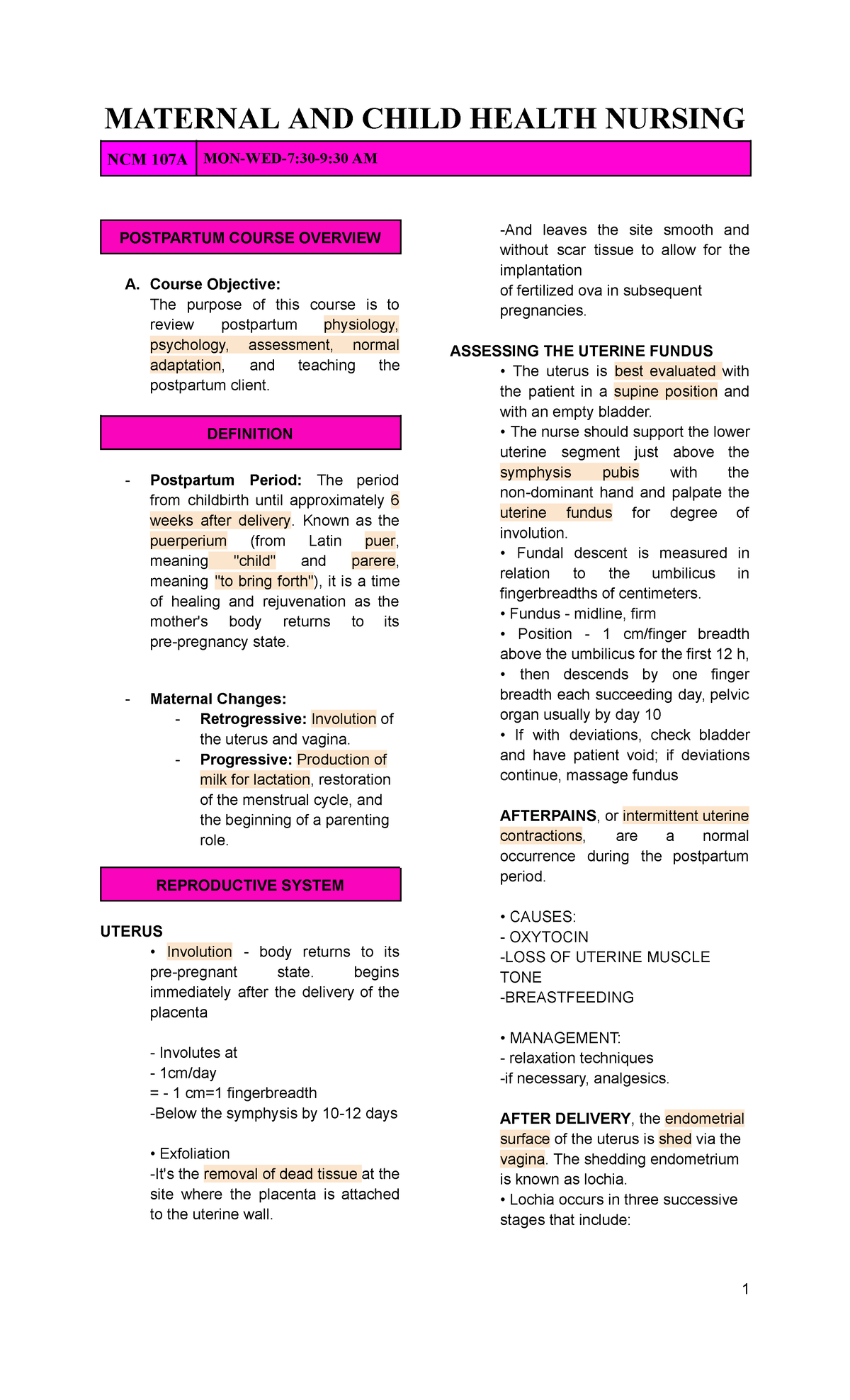 Postpartum - NCM 107A MON-WED- 7 : 30 - 9 : 30 AM POSTPARTUM COURSE ...