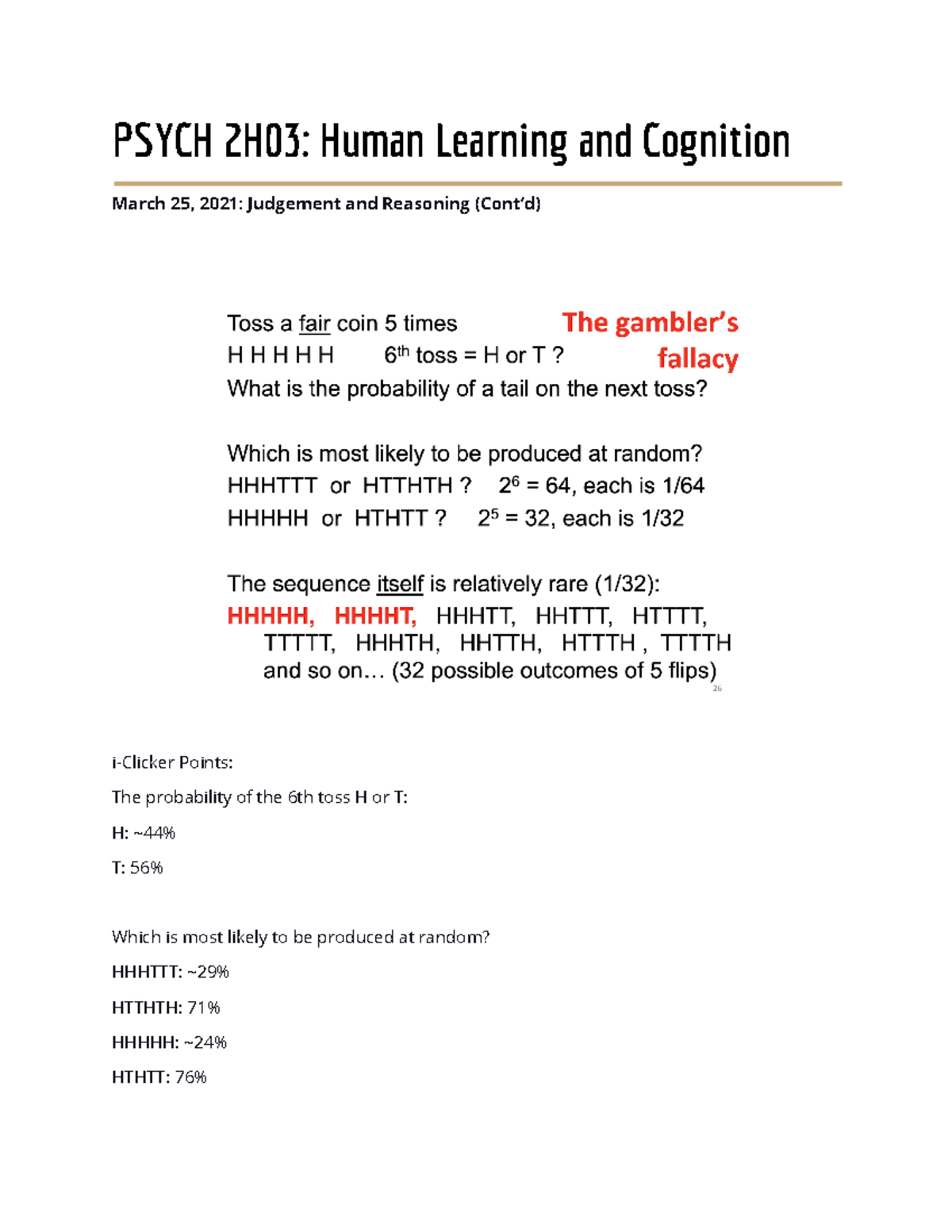 Lecture 21 Human Cog Psych 2h03 Human Learning And Cognition March 25 2021 Judgement And