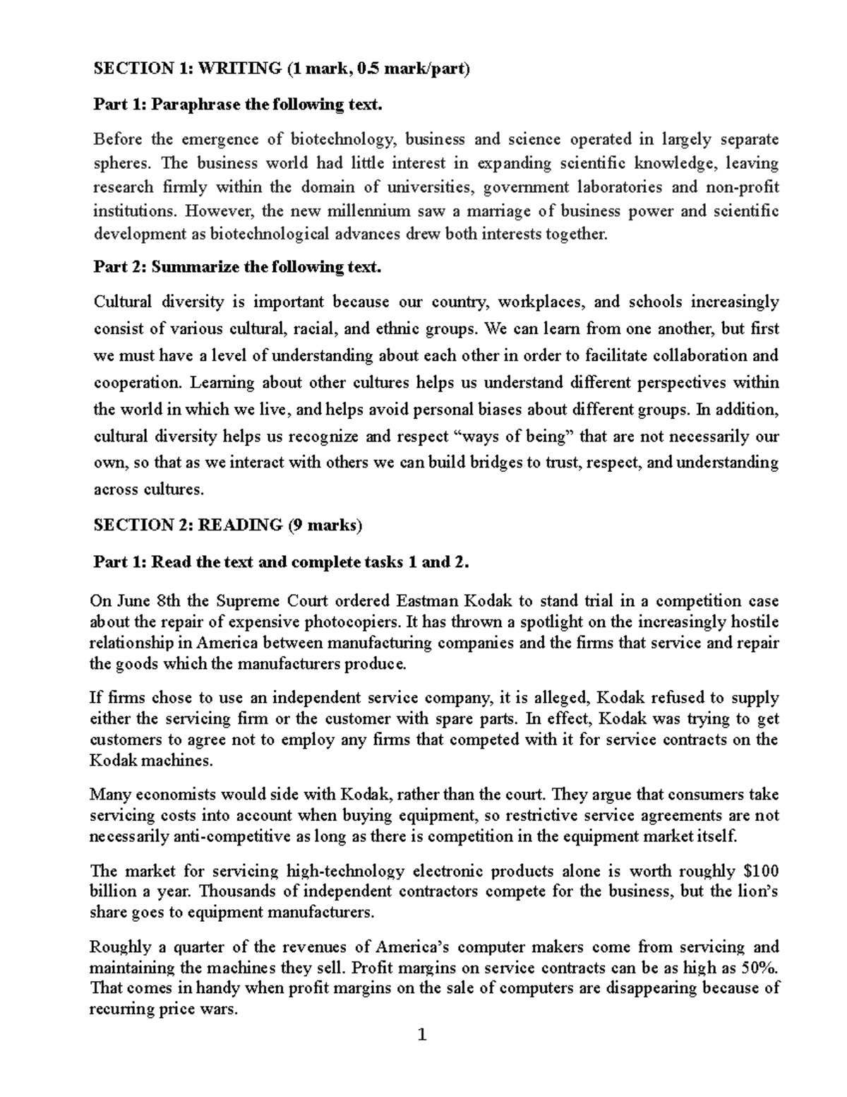 Sample final exam - English practice - SECTION 1: WRITING (1 mark, 0 ...