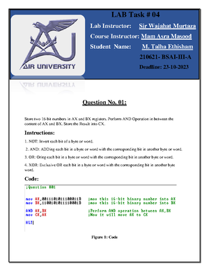 COAL Lab Manual - W01 - Coal lab - Lab Manual CS223L – Computer Organization and Assembly ...