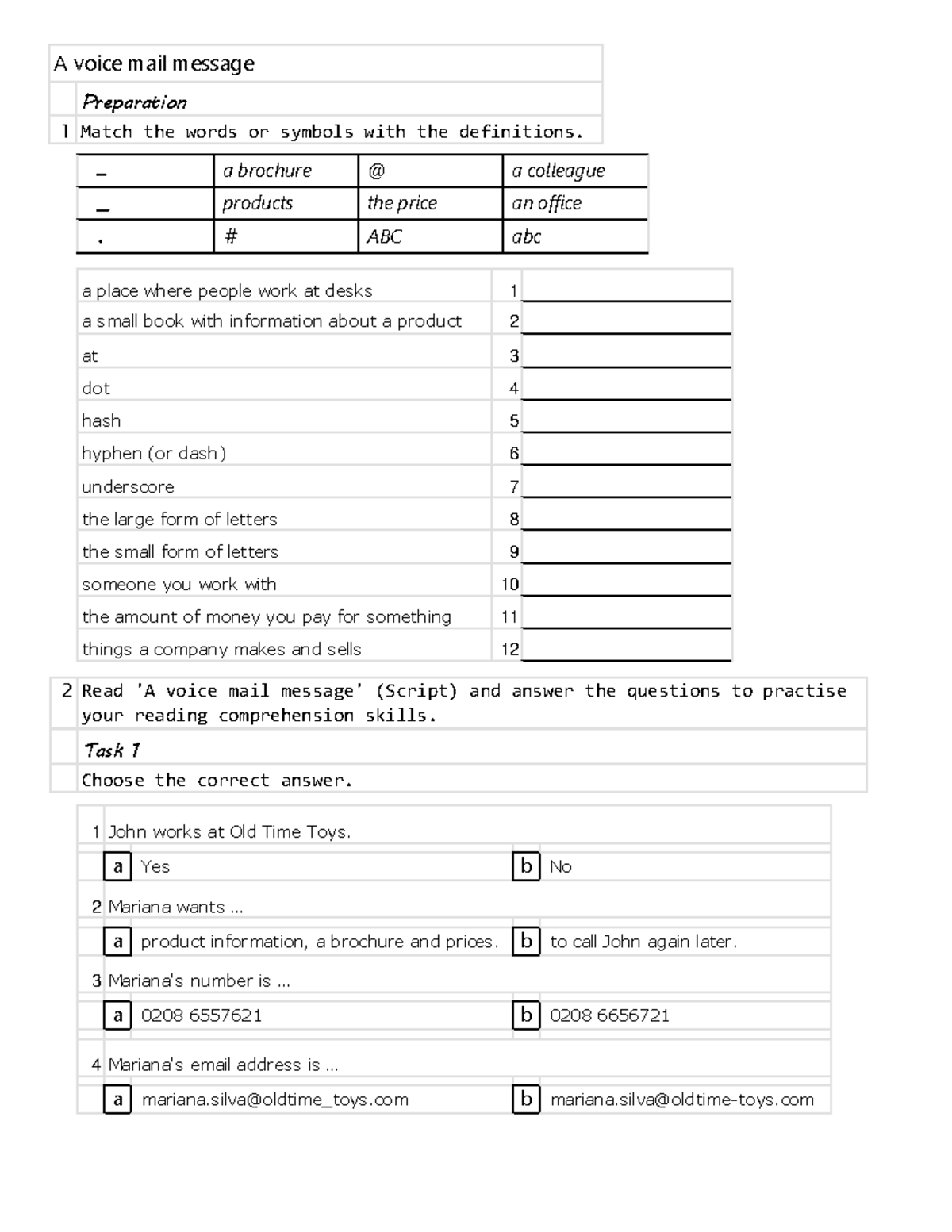 A Voice MAIL Message - Estructura - Preparation 1 Match the words or ...