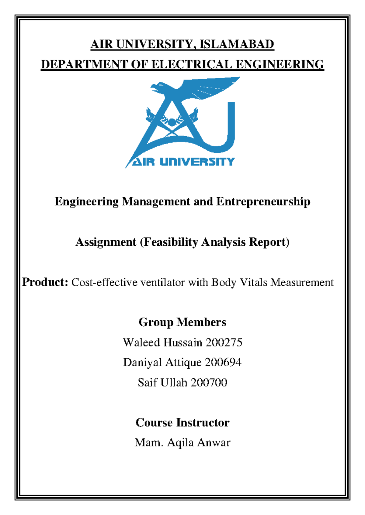 Feasibility report - AIR UNIVERSITY, ISLAMABAD DEPARTMENT OF ELECTRICAL ...