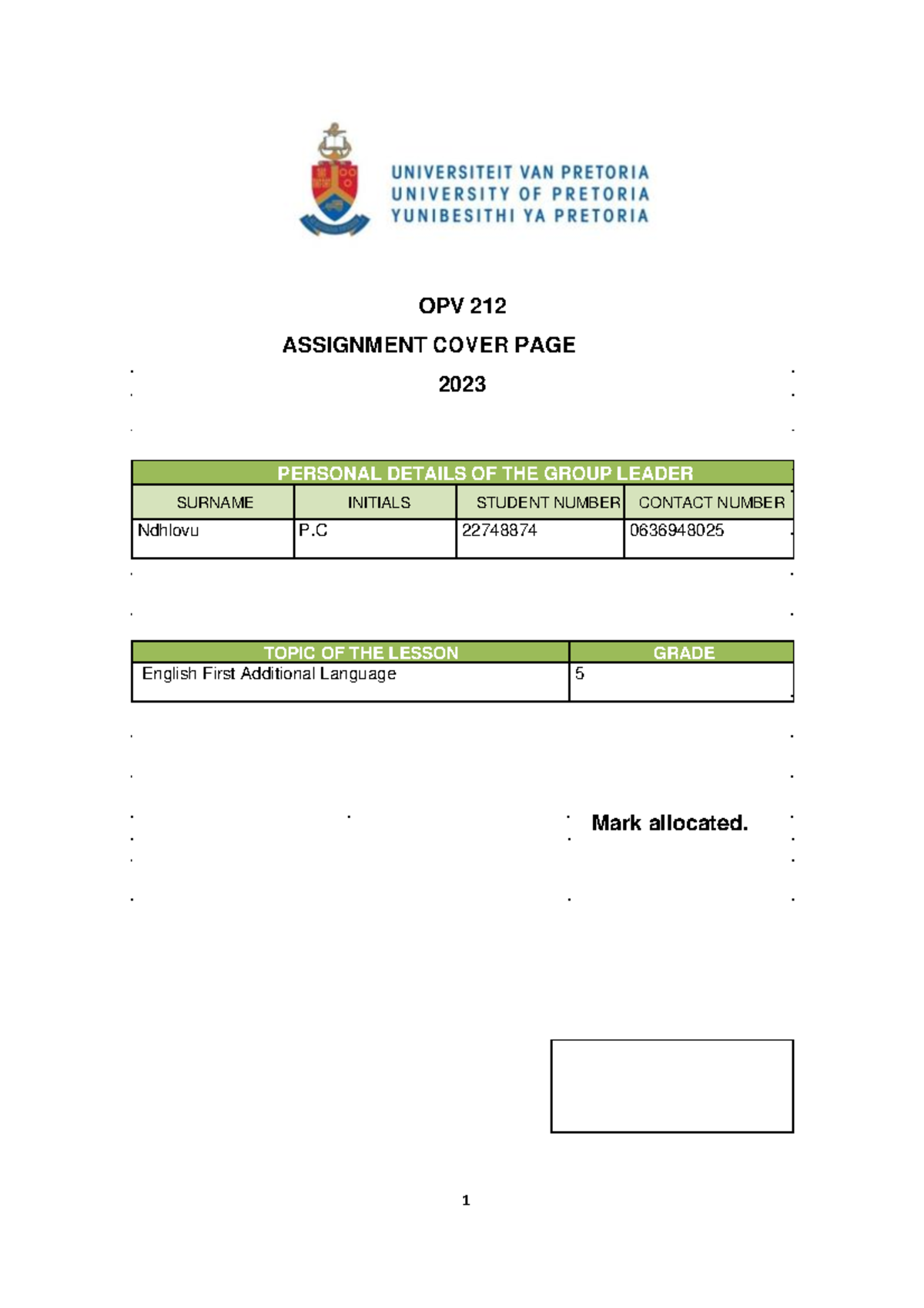 Indivividual Assignment OPV 212 - OPV 212 ASSIGNMENT COVER PAGE 2023 ...