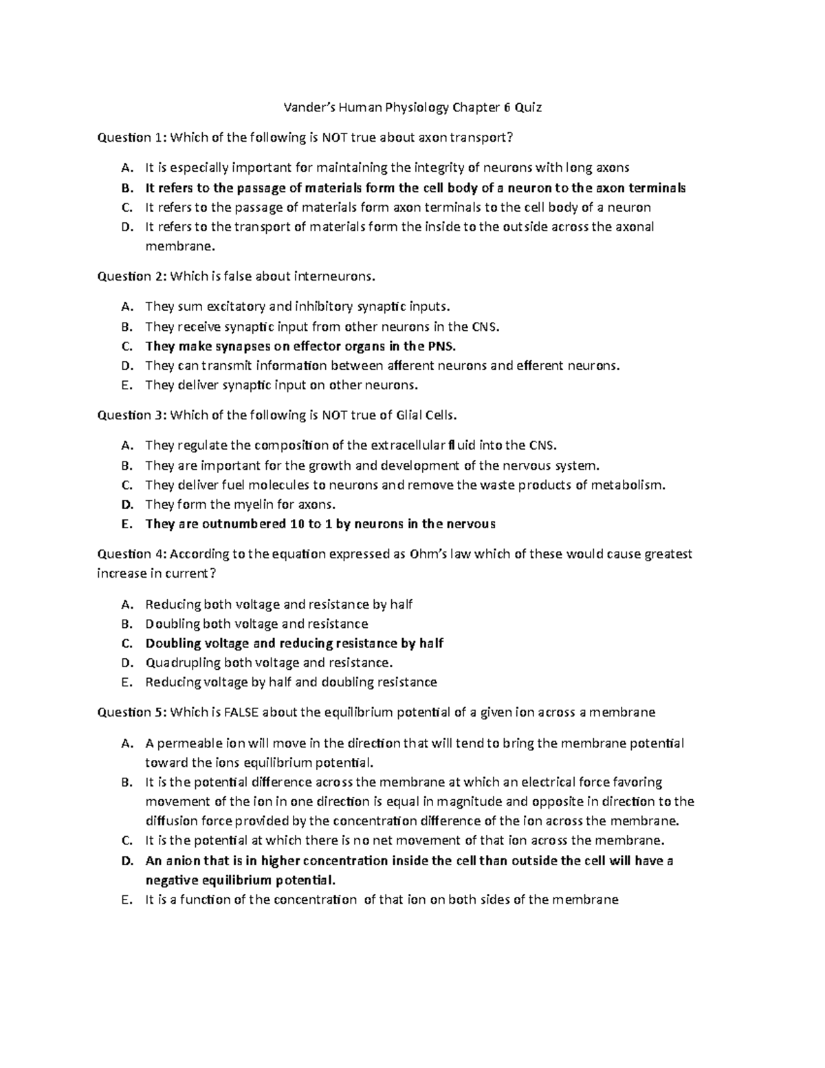 Vanders Human Physiology Chapter 6 Quiz - Vander’s Human Physiology ...