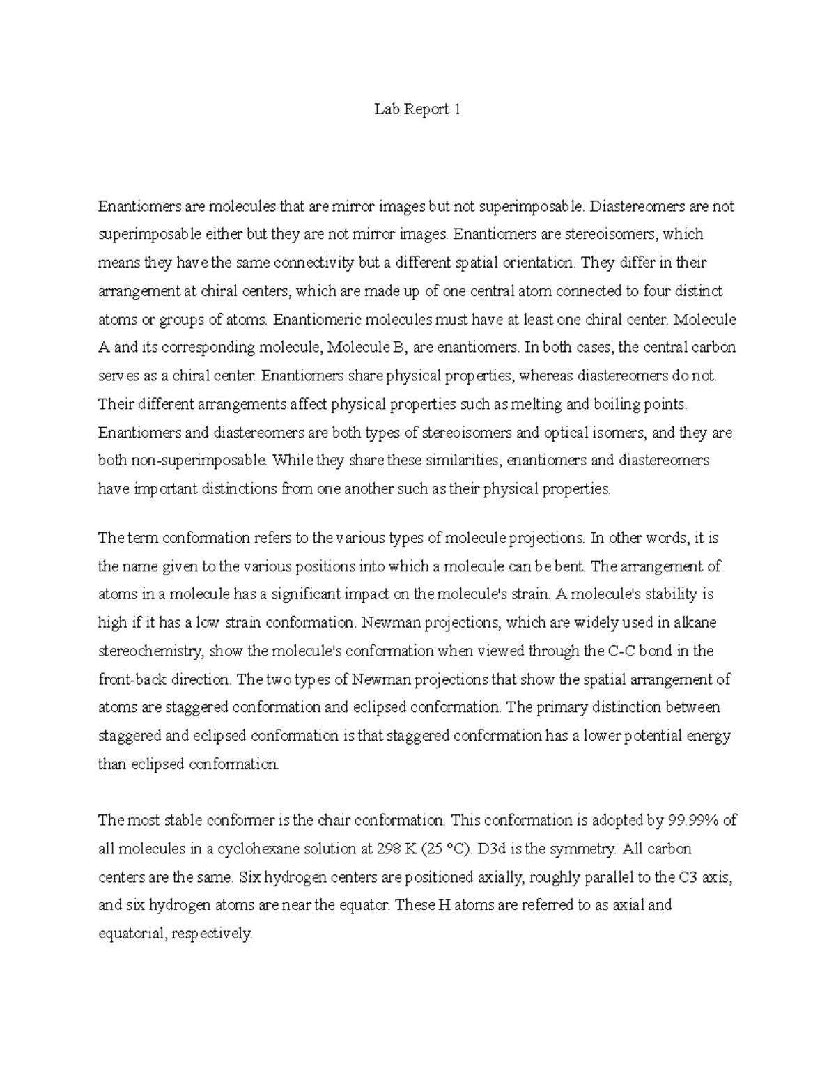 Lab Report 1 - Google Docs - Lab Report 1 Enantiomers are molecules ...
