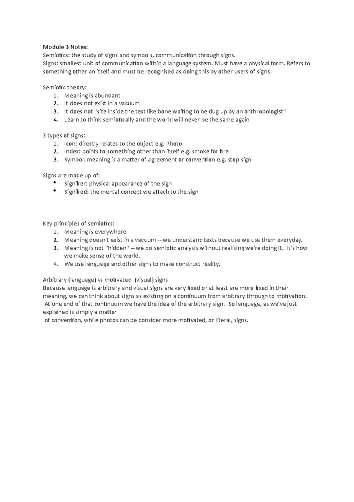 Module 3 notes - Module 3 Notes: Semiotics: the study of signs and ...