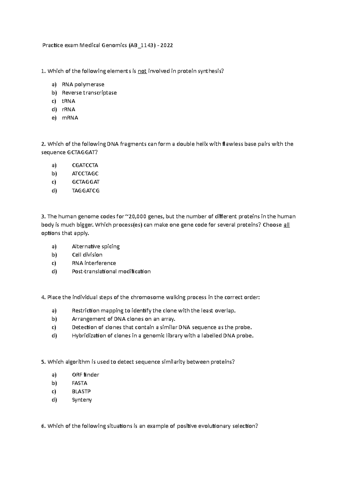 Practice Exam Medical Genomics 2022 P5 Practice Exam Medical Genomics