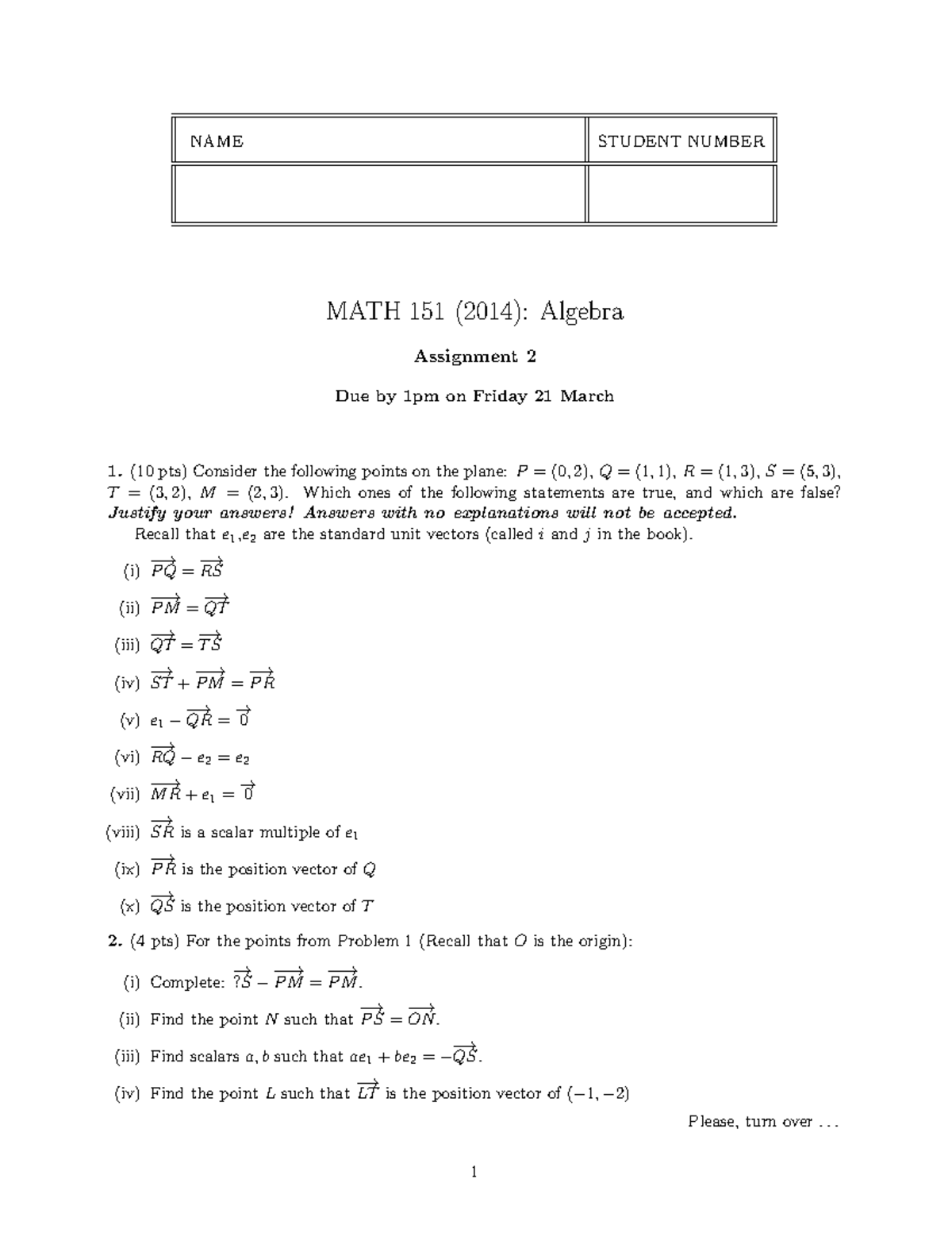 Tutorial Problems 2 - NAME STUDENT NUMBER MATH 151 (2014): Algebra ...