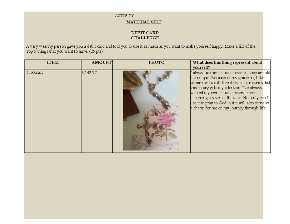 Activity Material SELF - ACTIVITY: MATERIAL SELF DEBIT CARD CHALLENGE A ...