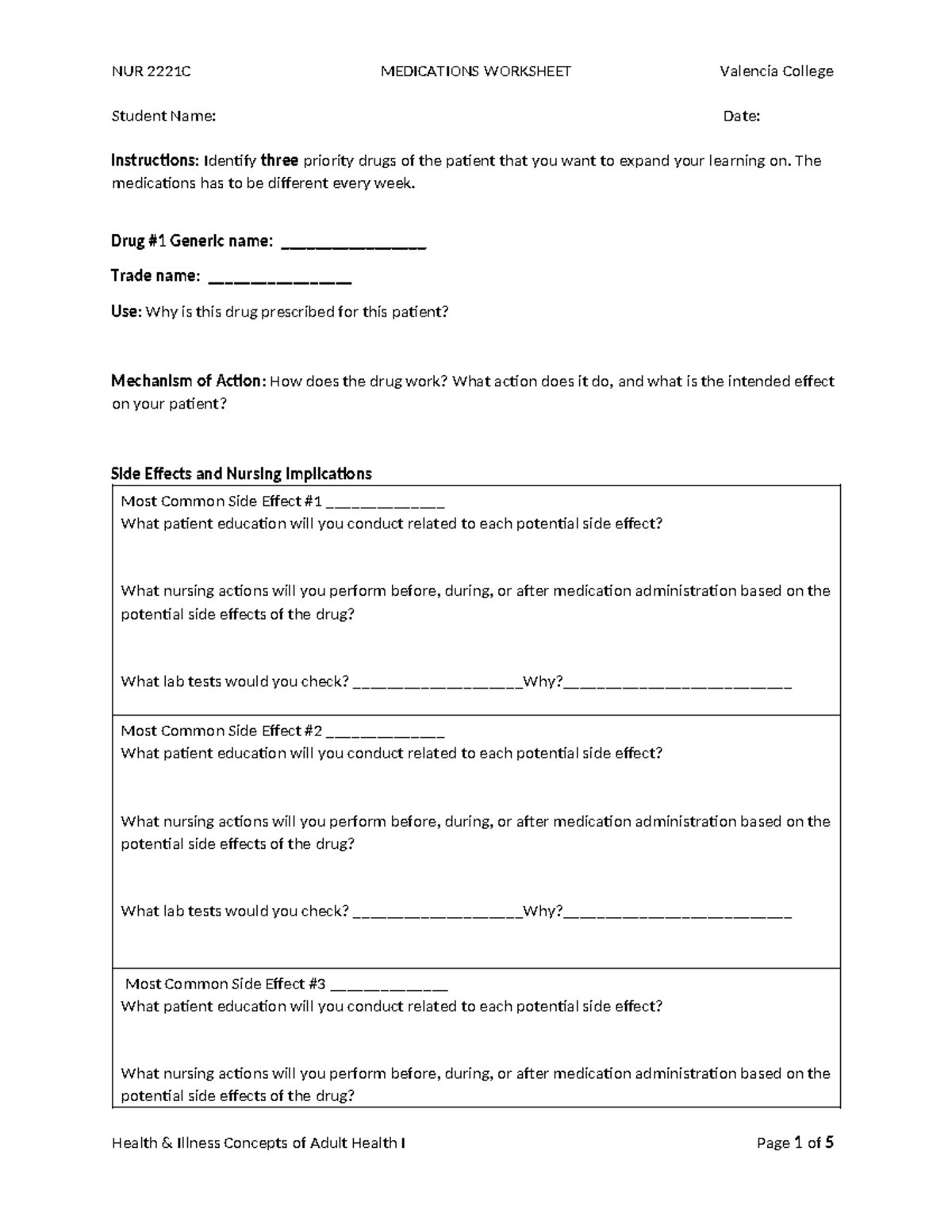 Medication Worksheet - NUR 2221C MEDICATIONS WORKSHEET Valencia College ...