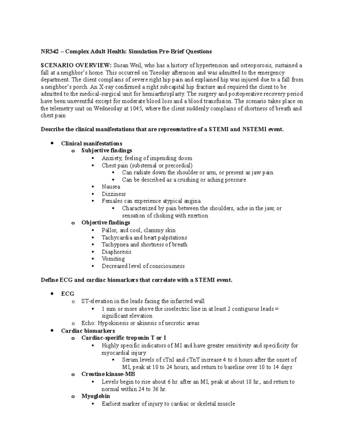 NR342 - Complex Adult Health - Simulation Pre-Brief Questions - NR-342 ...