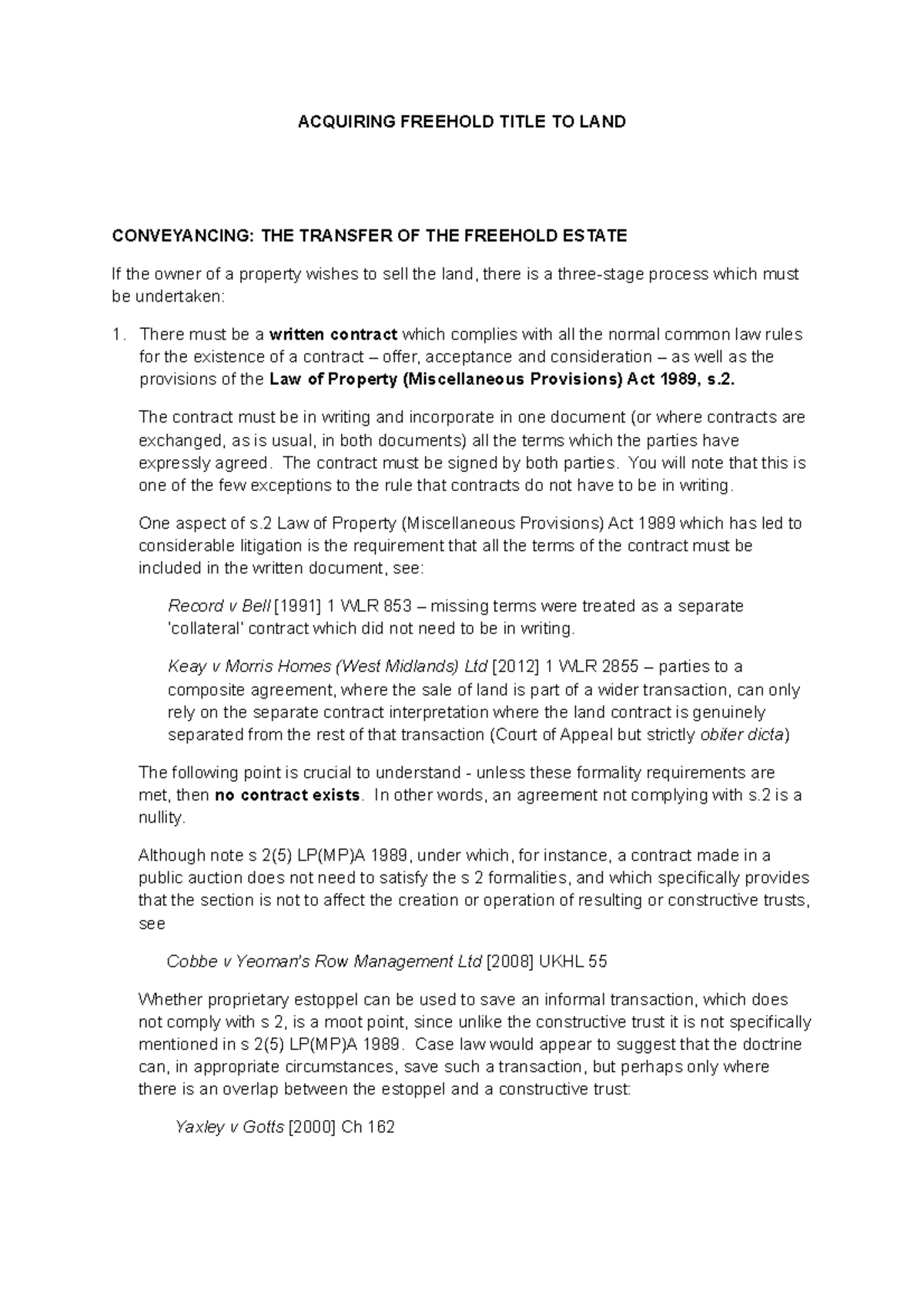 Land law Acquiring Freehold Title TO LAND - ACQUIRING FREEHOLD TITLE TO ...