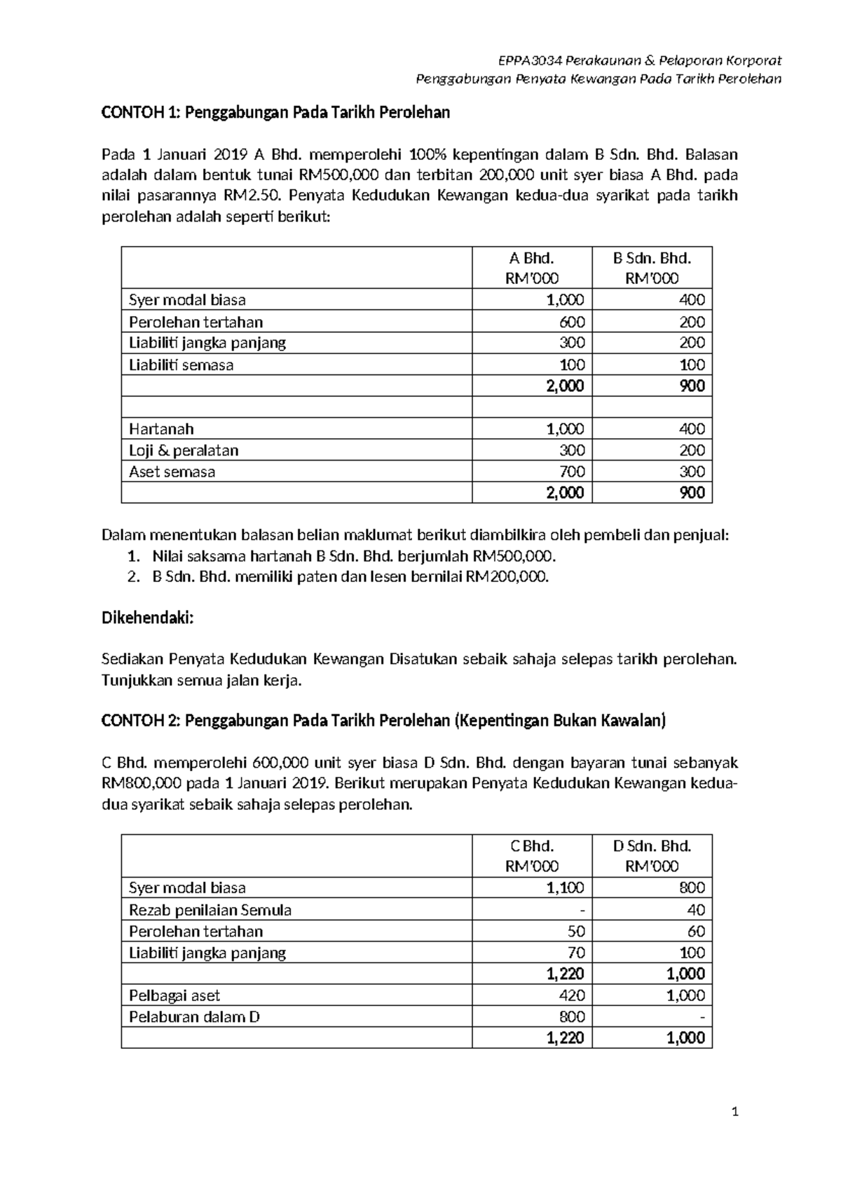 Kuliah 2 - Contoh 1 dan 2 - Penggabungan Penyata Kewangan Pada Tarikh ...