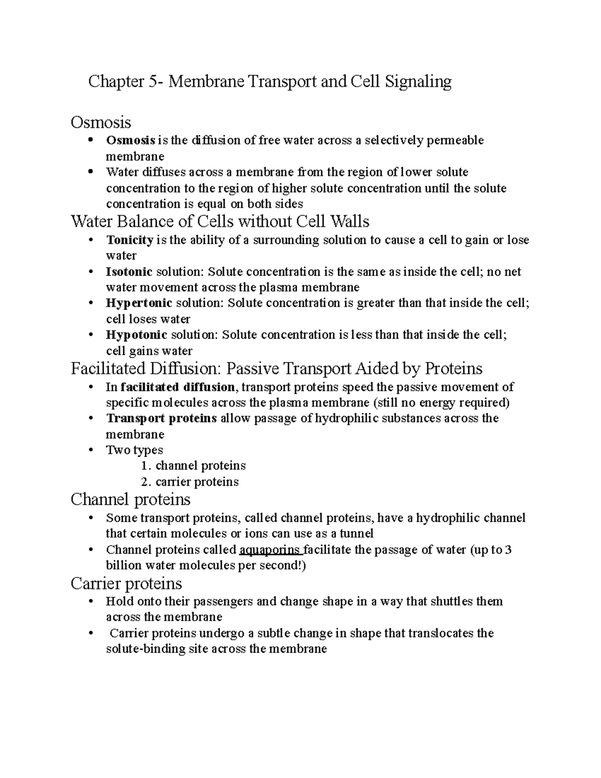 Chapter 5- Bio Notes 2 - Chapter 5- Membrane Transport and Cell ...