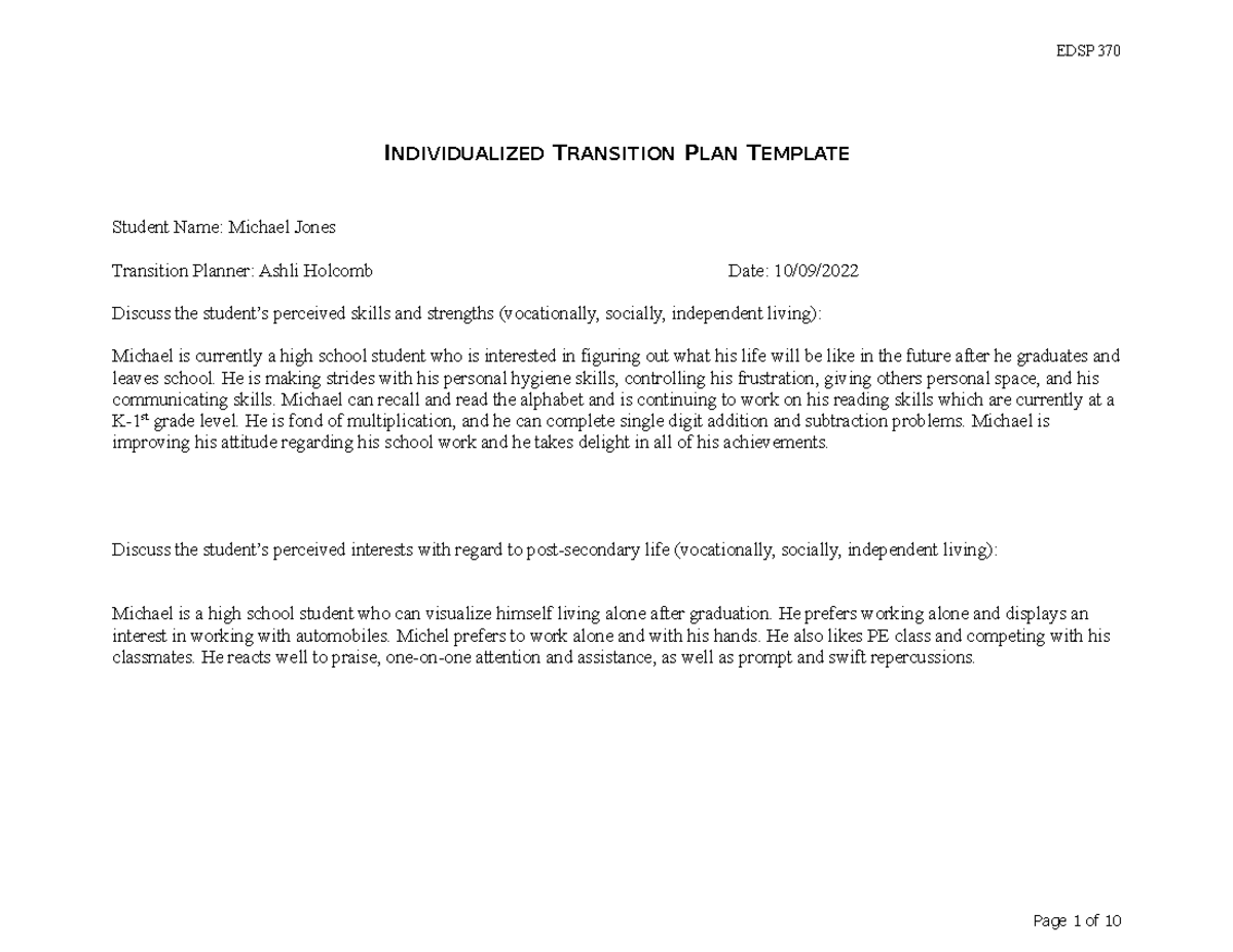 Individualized Transition Plan Template Michael Jones Case Study EDSP ...