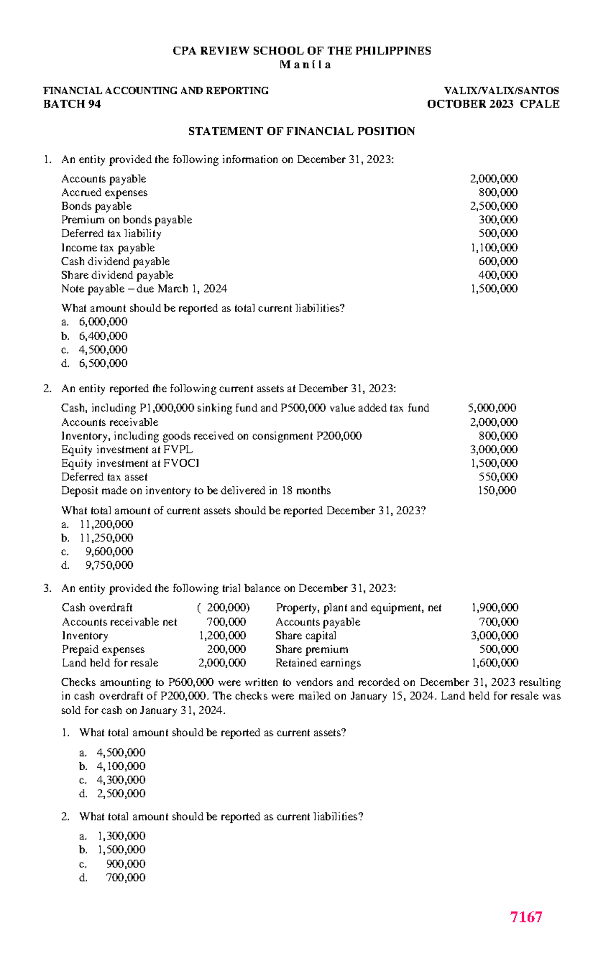 7167 - Statement of Financial Position - 7167 CPA REVIEW SCHOOL OF THE ...