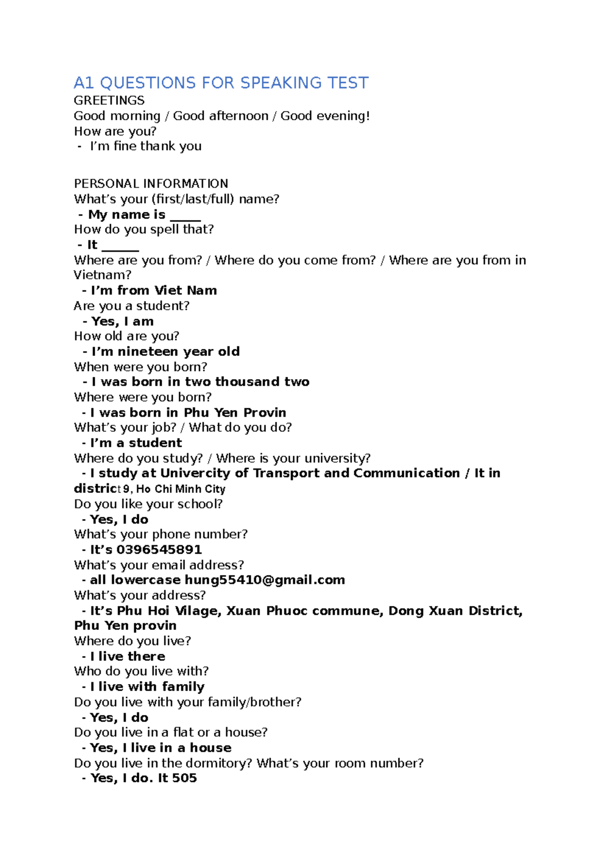 A1 Questions FOR Speaking TESTHshshs jsksnsnskskakkaka jakajns s s s ...