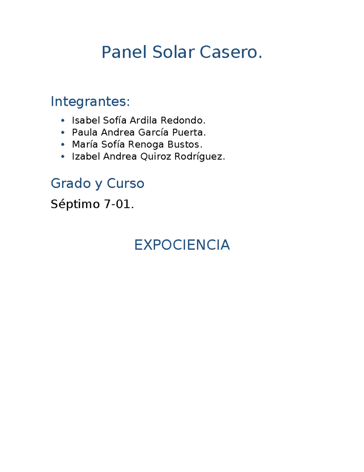 Panel Solar Casero - Integrantes: Isabel Sofía Ardila Redondo. Paula ...