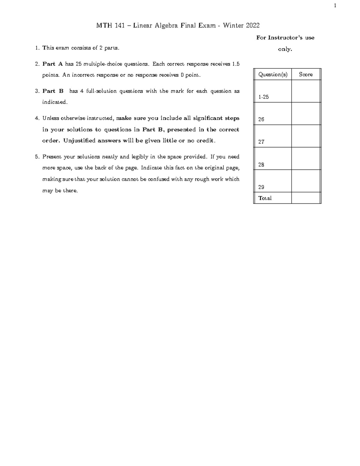 Mth 141 final 2022 exam 2014 fpr beginners - MTH 141 – Linear Algebra Final Exam - Winter 2022 ...