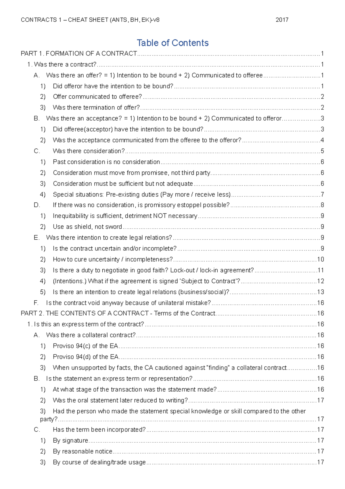 Contracts 1 - Cheat Sheet (ANTS, BH, EK) -v8 - Table of Contents ...