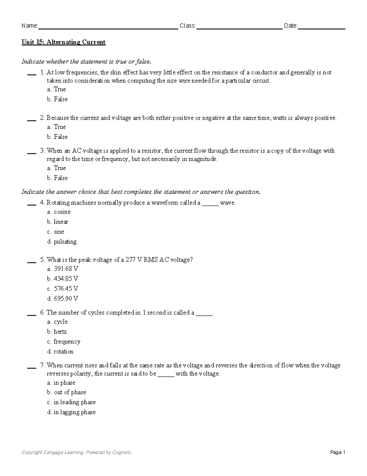 Unit 15 Alternating Current - Indicate whether the statement is true or ...