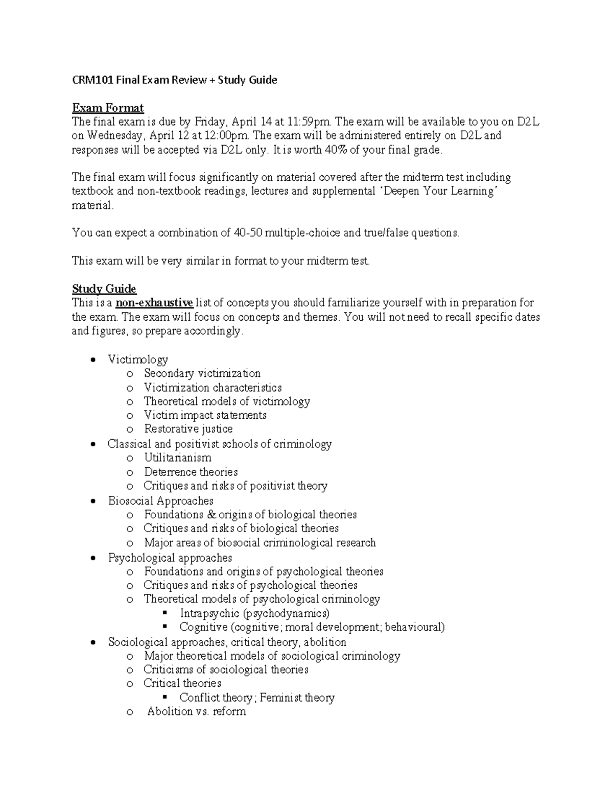 D2LFinal Exam Review + Study Guide - CRM101 Final Exam Review + Study ...