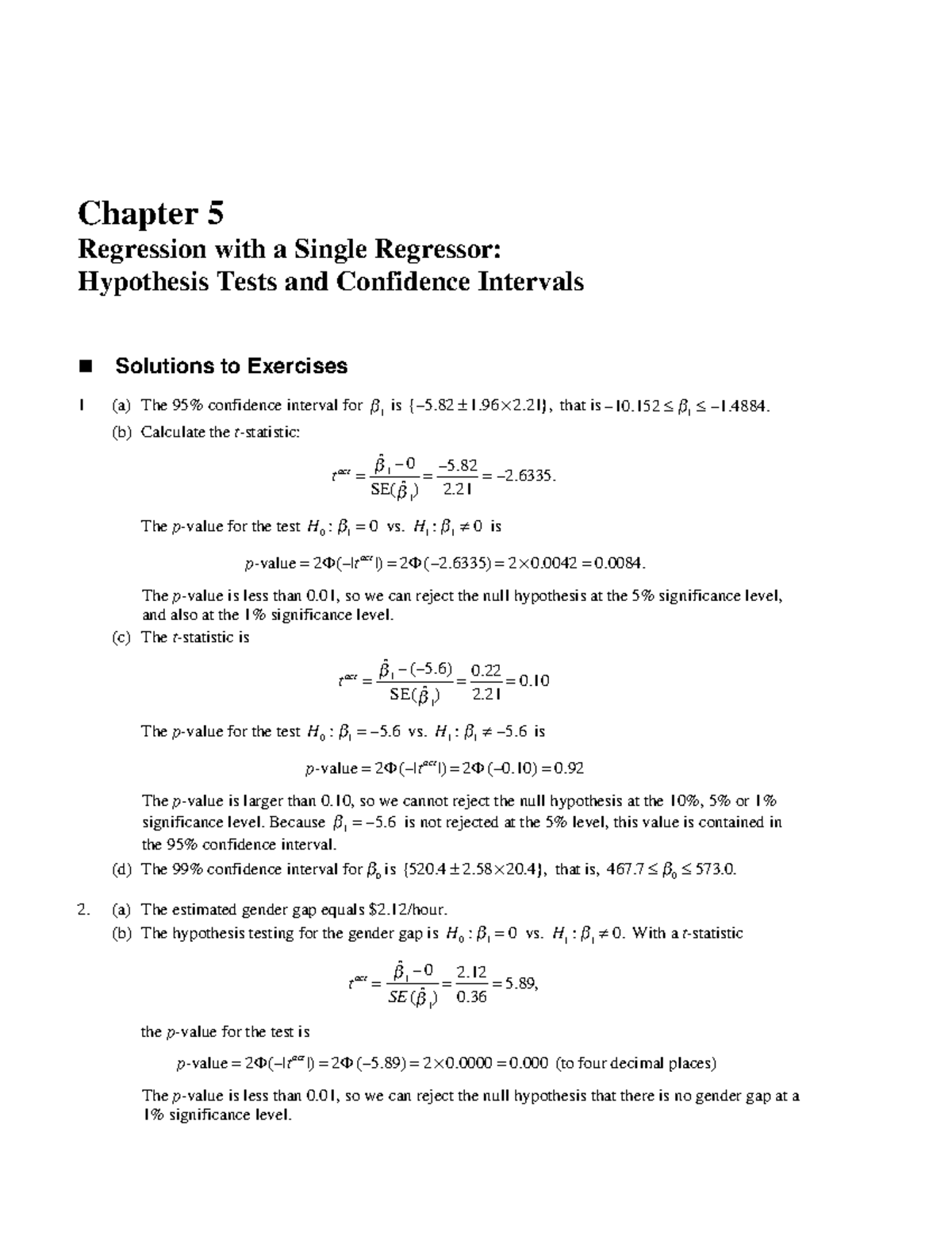 Econometrcis chap 5 solutions - Chapter 5 Regression with a Single ...