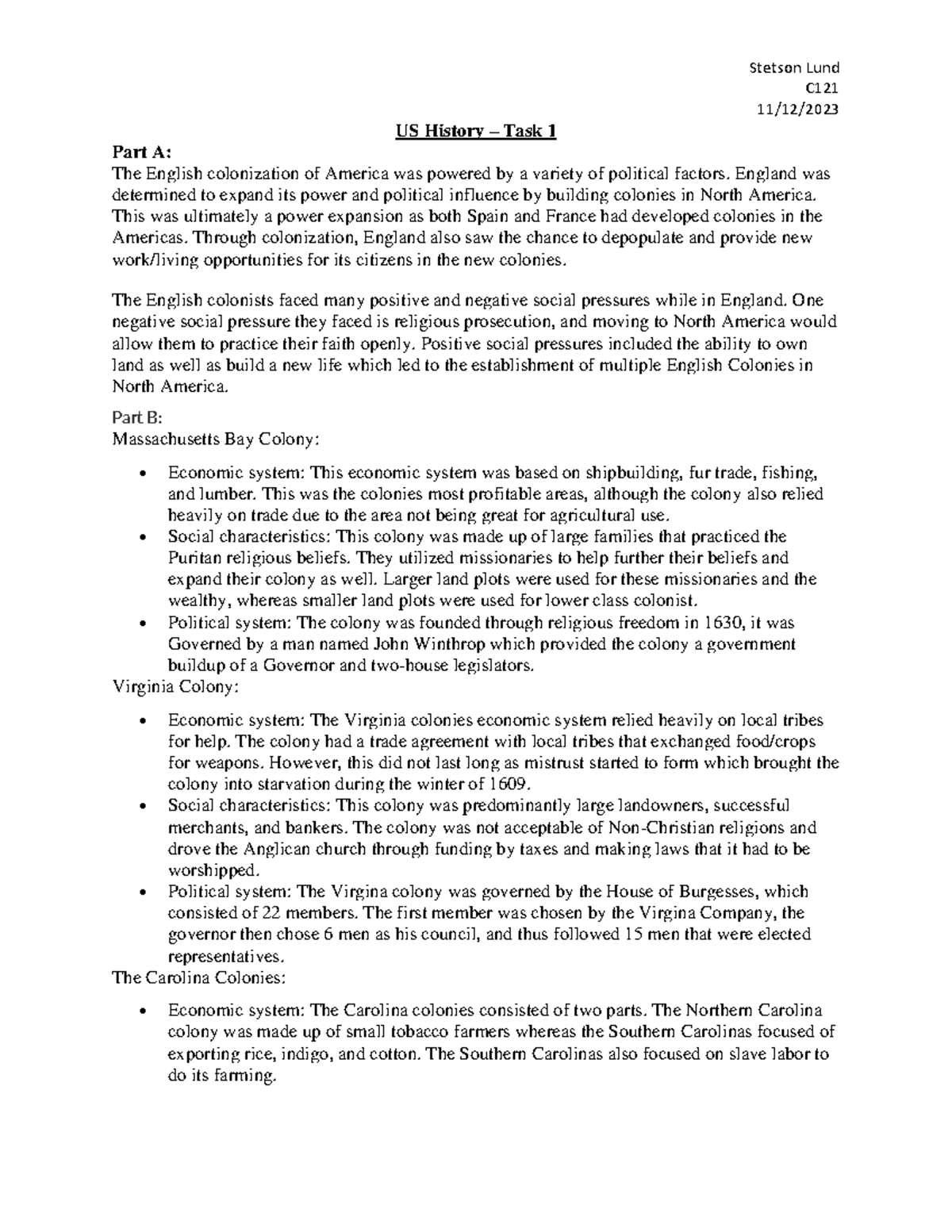 C121.US History Task 1.Stetson Lund - Stetson Lund C 11/12/ US History ...