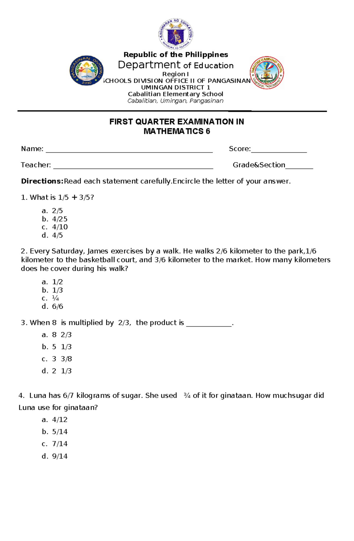 MATH- First Quarter TEST 2024-2025 - FIRST QUARTER EXAMINATION IN ...