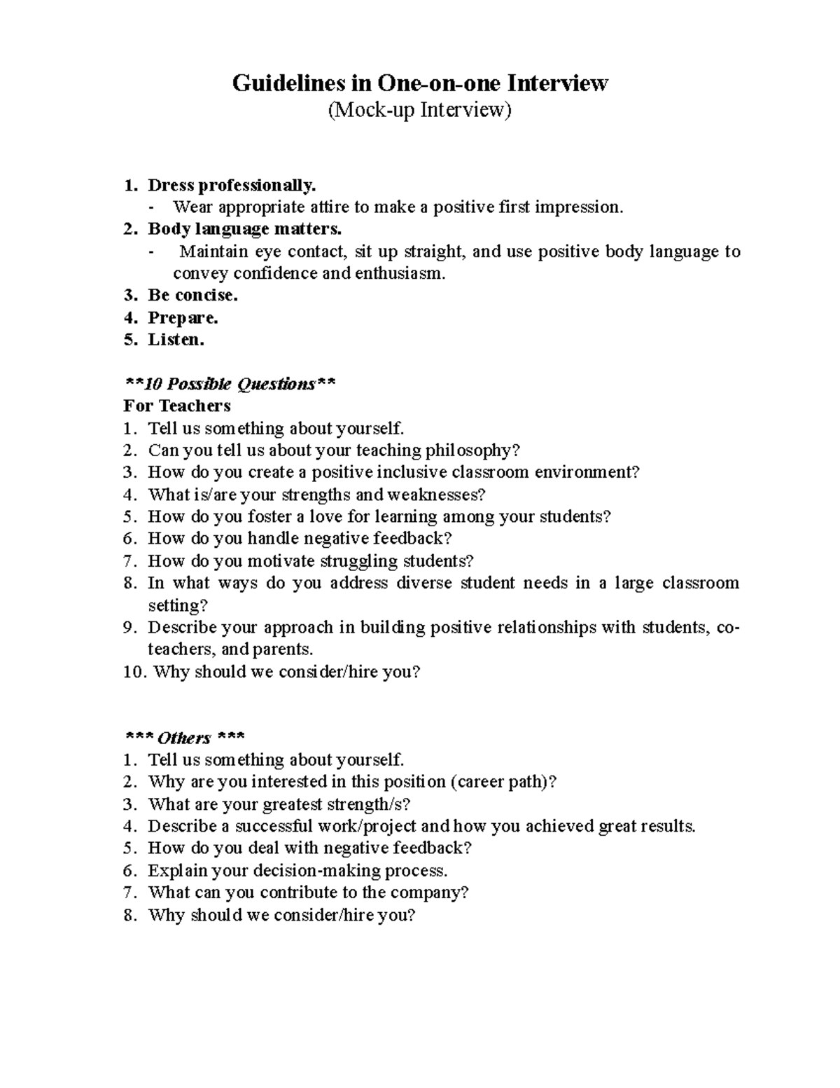 Guidelines in One on one Interview - Guidelines in One-on-one Interview ...