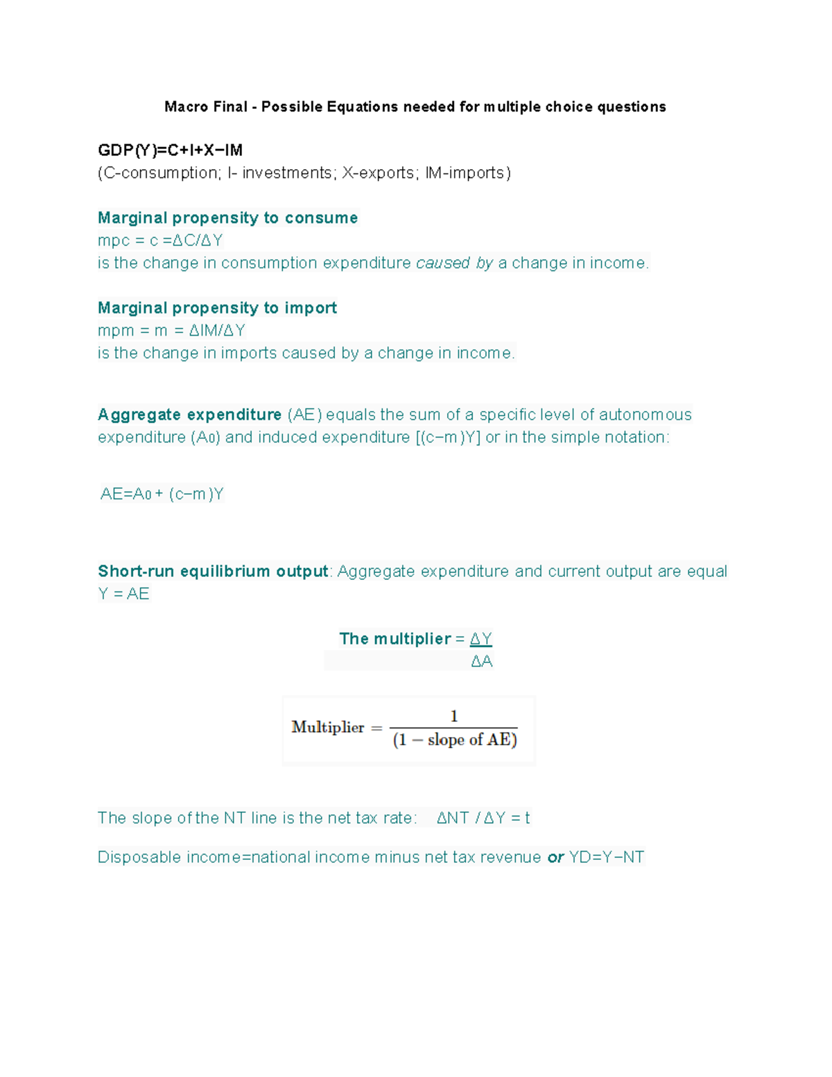 Macro - Final - Formula Sheet - Macro Final - Possible Equations needed ...