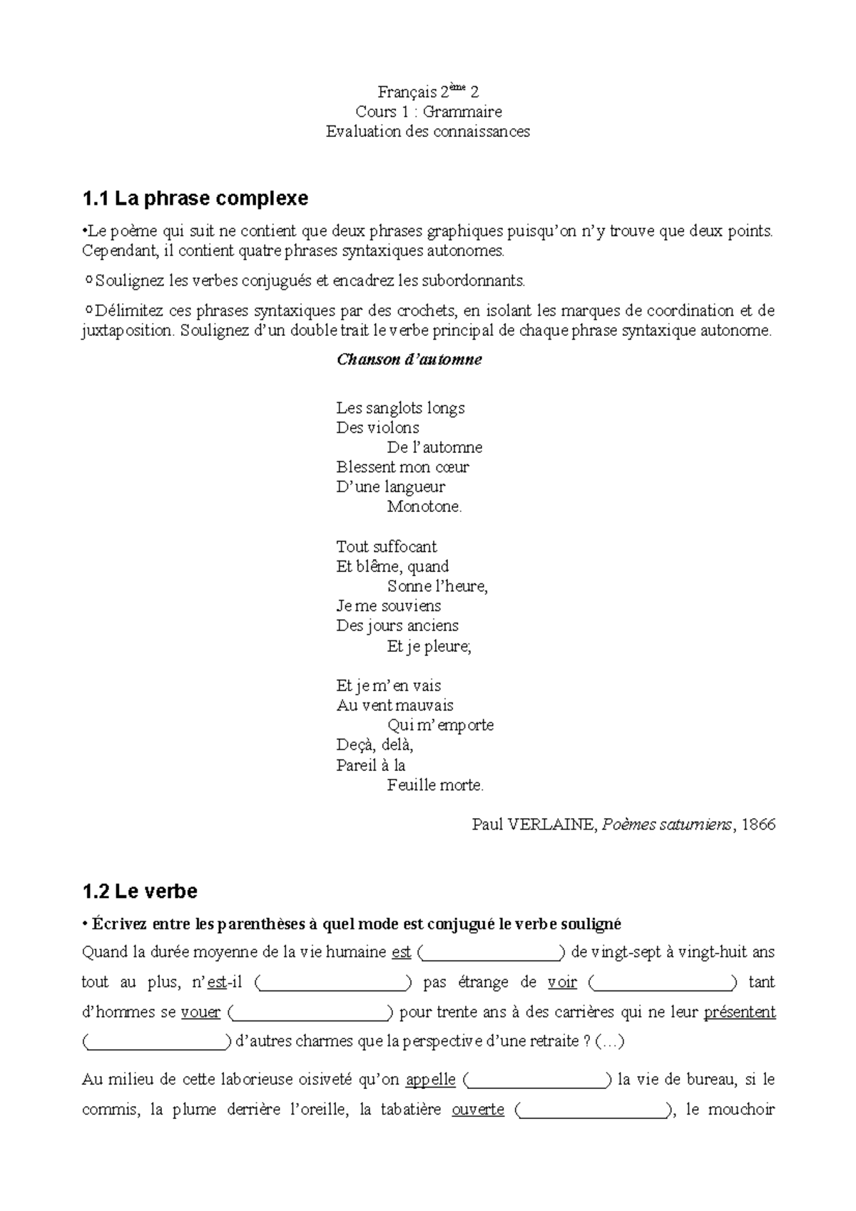 Evaluation des connaissances_Grammaire - Français 2ème 2 Cours 1 ...