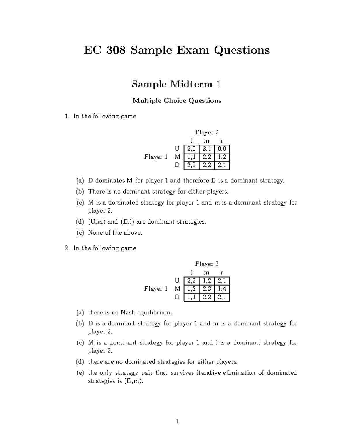 E308SE - EC 308 Sample Exam Questions Sample Midterm 1 Multiple Choice ...