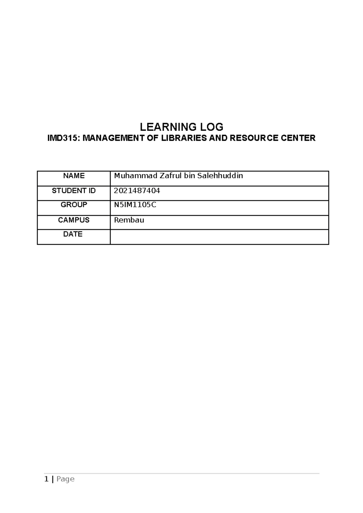 IMD315 ID 2 - Learning LOG template IMD315 - LEARNING LOG IMD315 ...