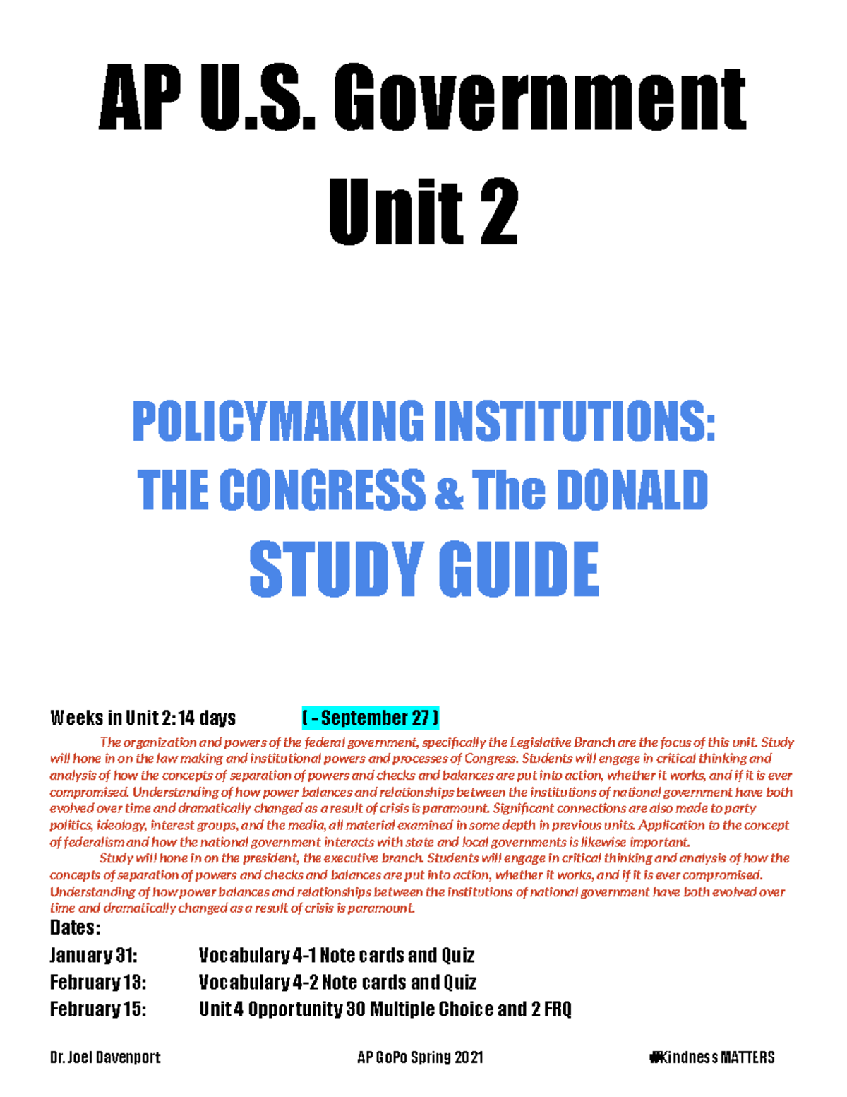 AP GOV/ POSI 2310 STUDY NOTES - AP U. Government Unit 2 POLICYMAKING ...