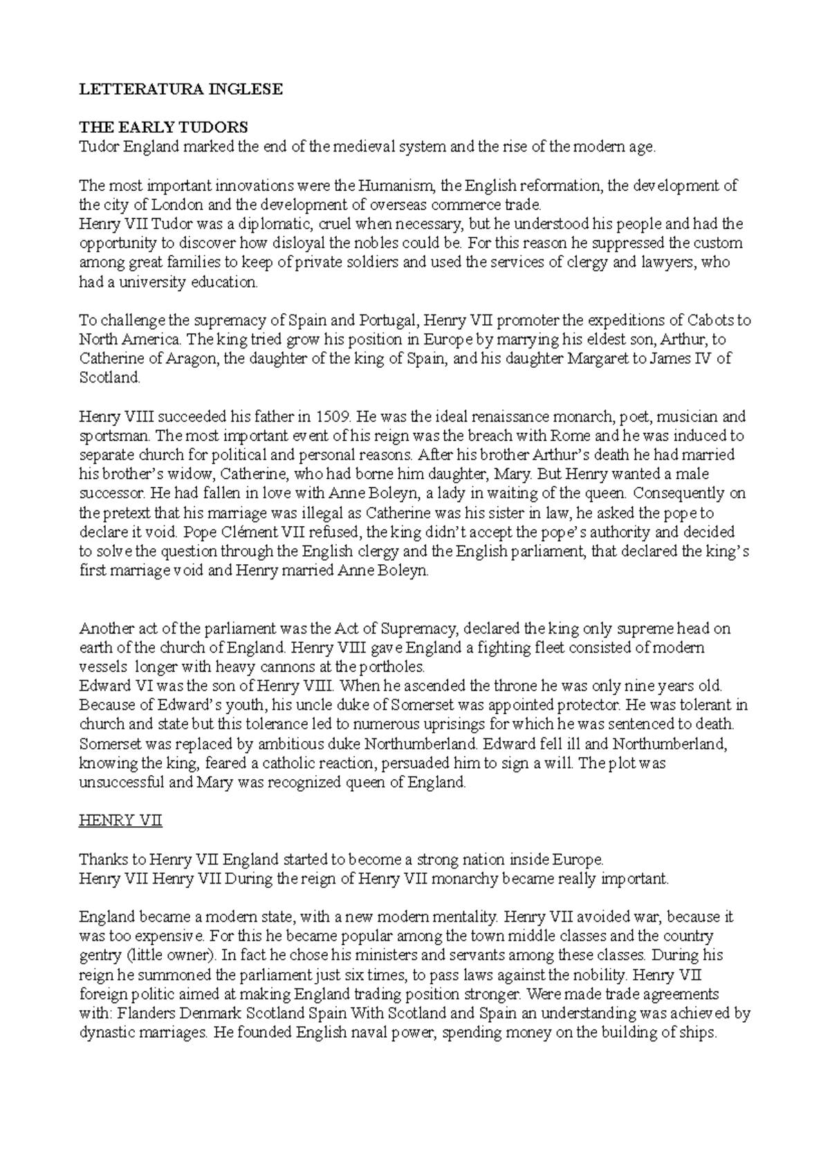 Inglese Finale Performer - LETTERATURA INGLESE THE EARLY TUDORS Tudor ...