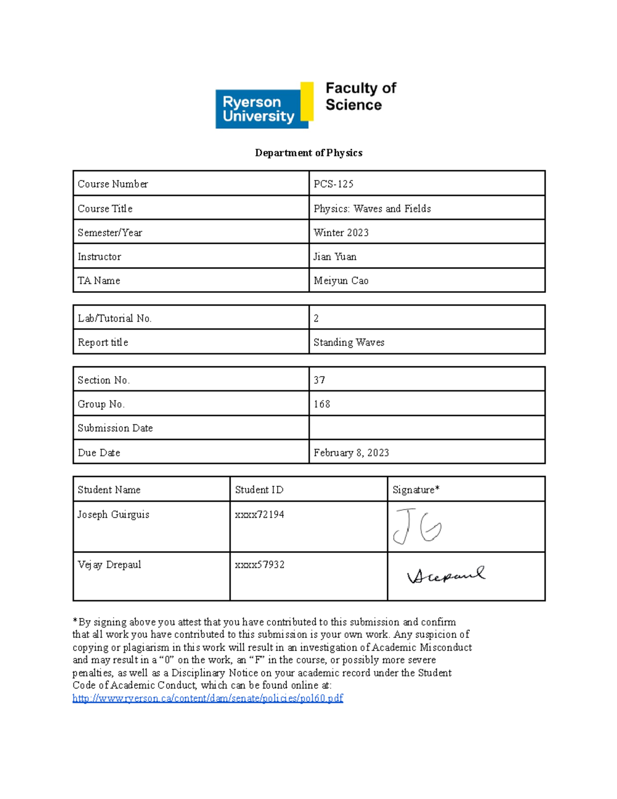 Pcs 125 Lab 2 Standing Waves 2 1 - Department of Physics Course Number ...