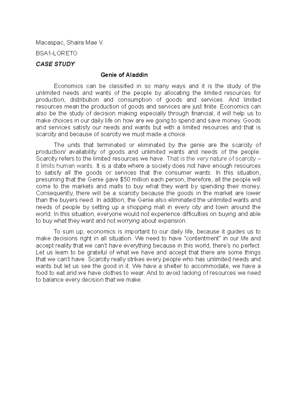 Case Study Genie of Aladdin - Macaspac, Shaira Mae V. BSA1-LORETO CASE ...