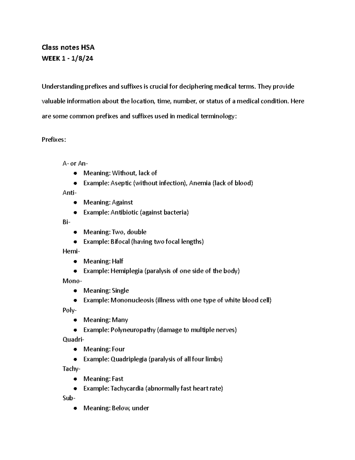 Class notes 1 8 - Class notes HSA WEEK 1 - 1/8/ Understanding prefixes ...