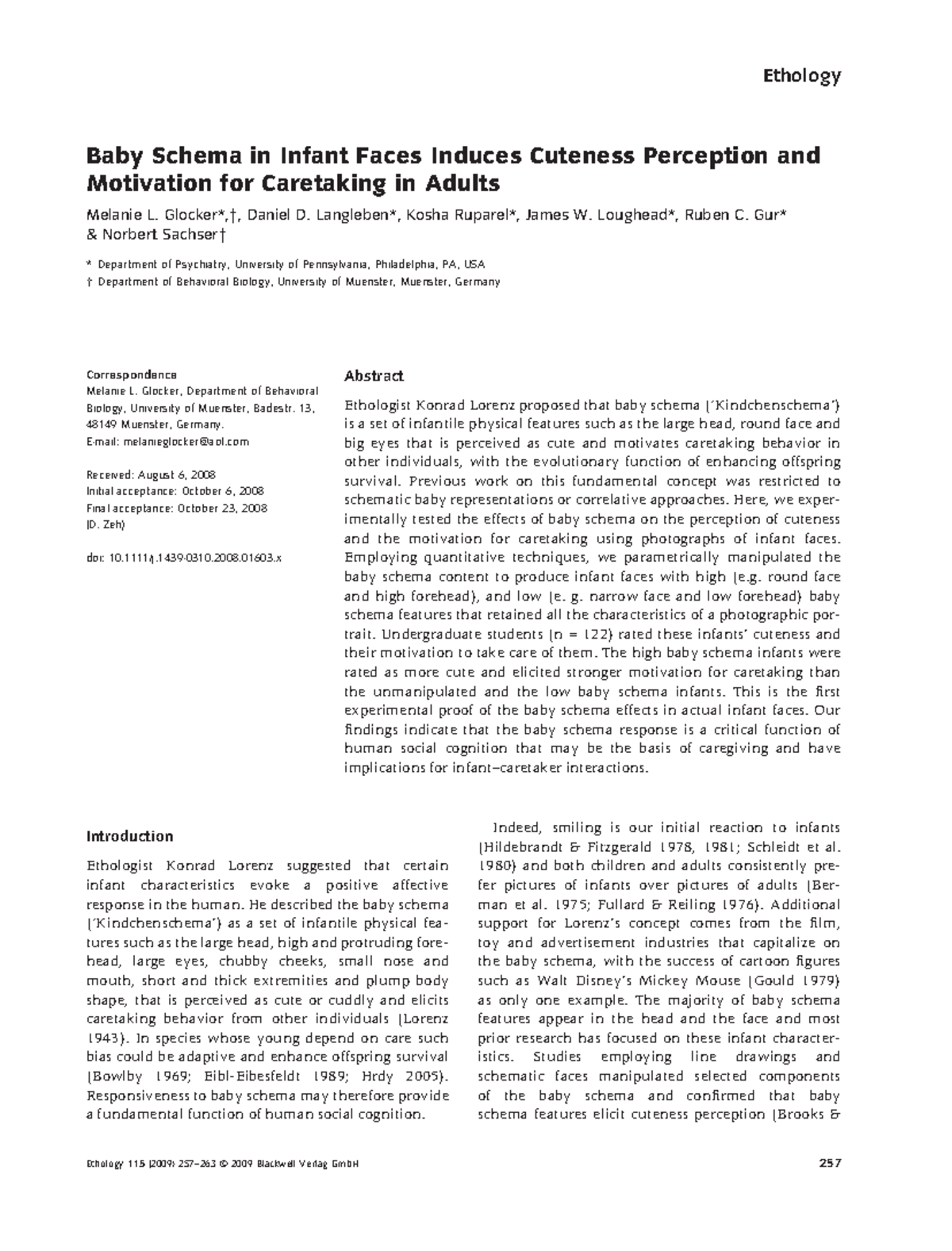 Glocker et al. - 2009 - Baby Schema in Infant Faces Induces Cuteness ...
