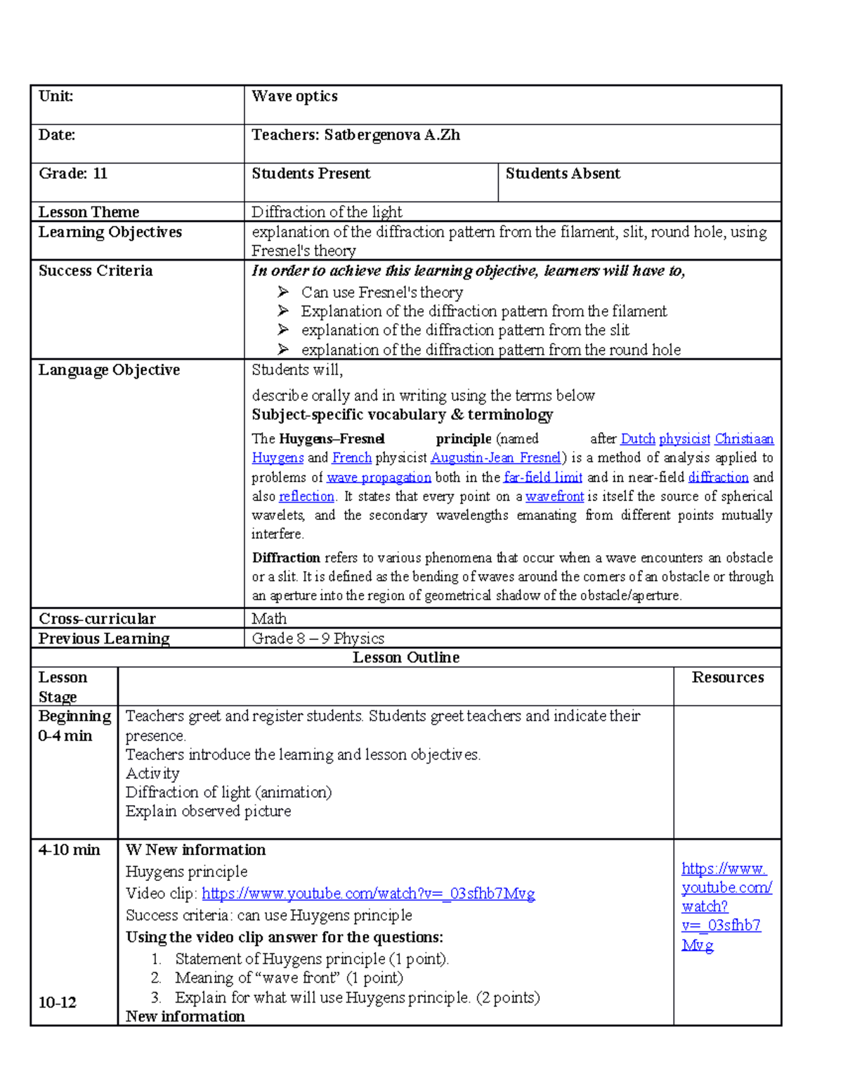 15.Diffraction of the light - Unit: Wave optics Date: Teachers ...