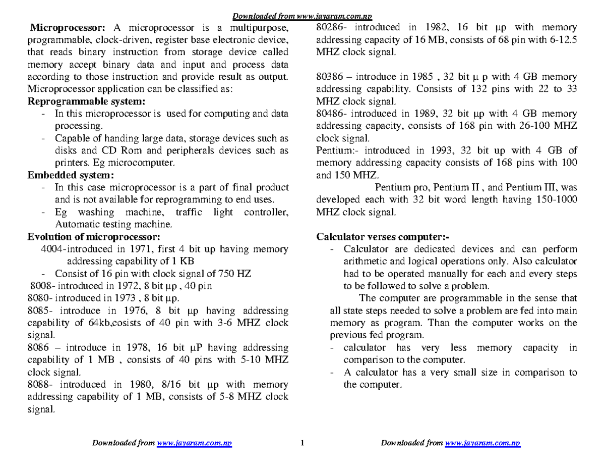 Microprocessor jayram - Microprocessor: A microprocessor is a multipurpose, programmable, - Studocu