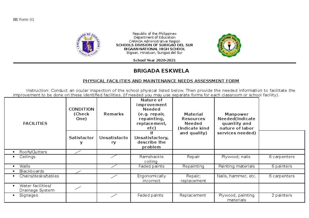 BE Form 1 - Physical Facilities AND Maintenance Needs Assessment FORM ...